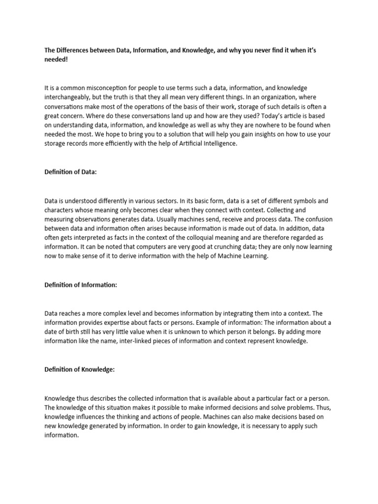 Differences Between Data Information and Knowledge 1 | PDF ...
