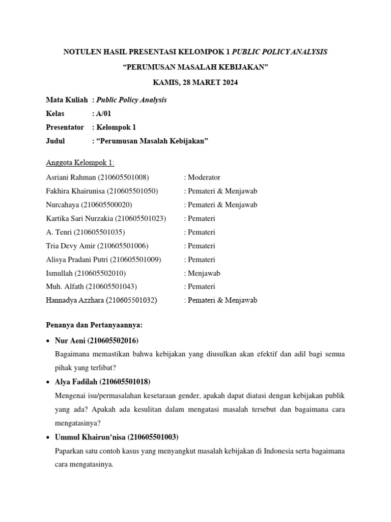 Notulen Hasil Presentasi Kelompok 1 Public Policy Analysis | PDF ... Notulen Hasil Presentasi Kelompok 1 Public Policy Analysis | PDF ...