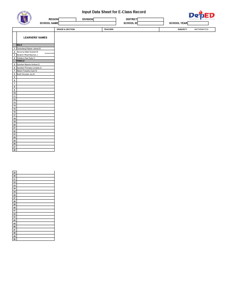 E-Class Record for Mathematics Grades | PDF | Mathematics | Science