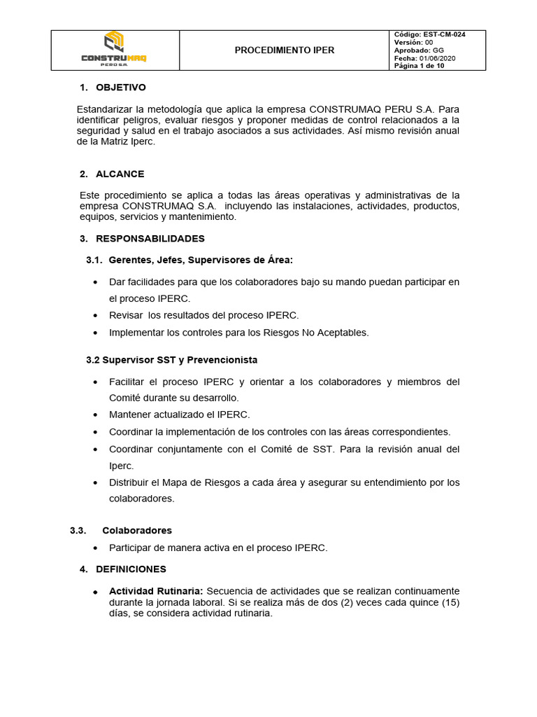 Proc-Cm-024 Procedimiento de Iper | PDF | Riesgo