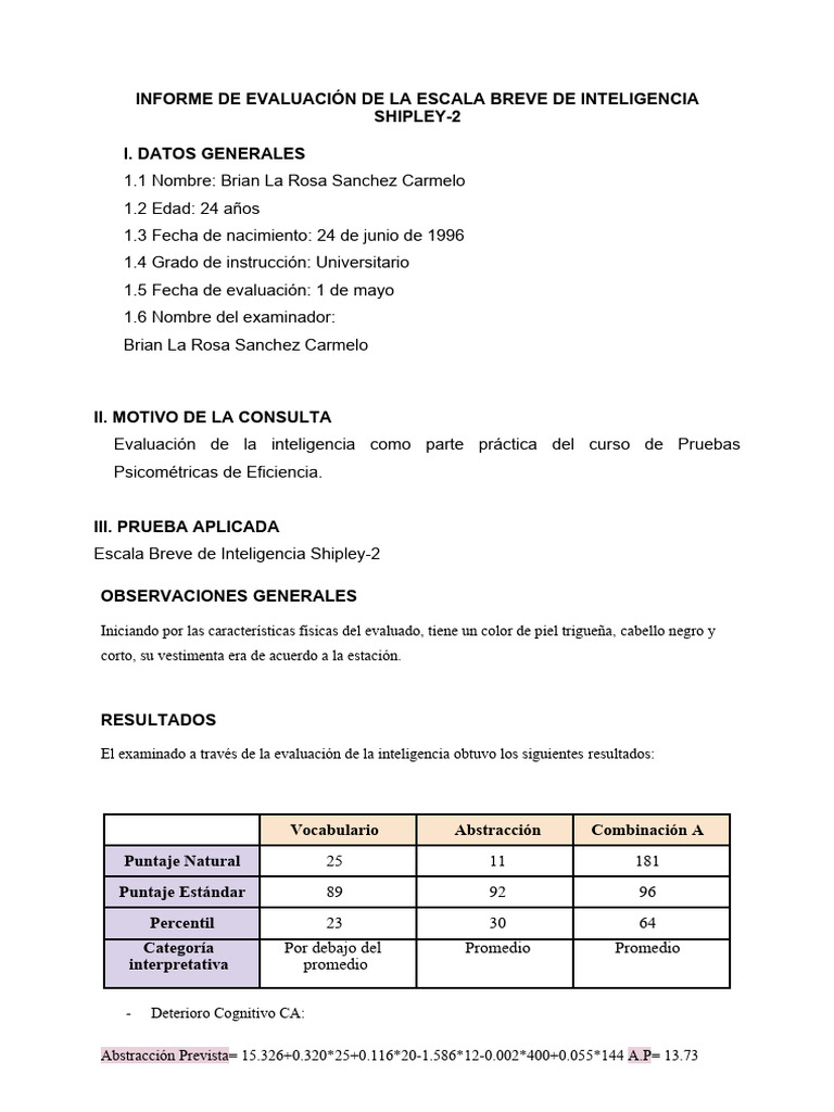 Informe de Evaluación Shipley-2 | PDF | Inteligencia | Procesos mentales