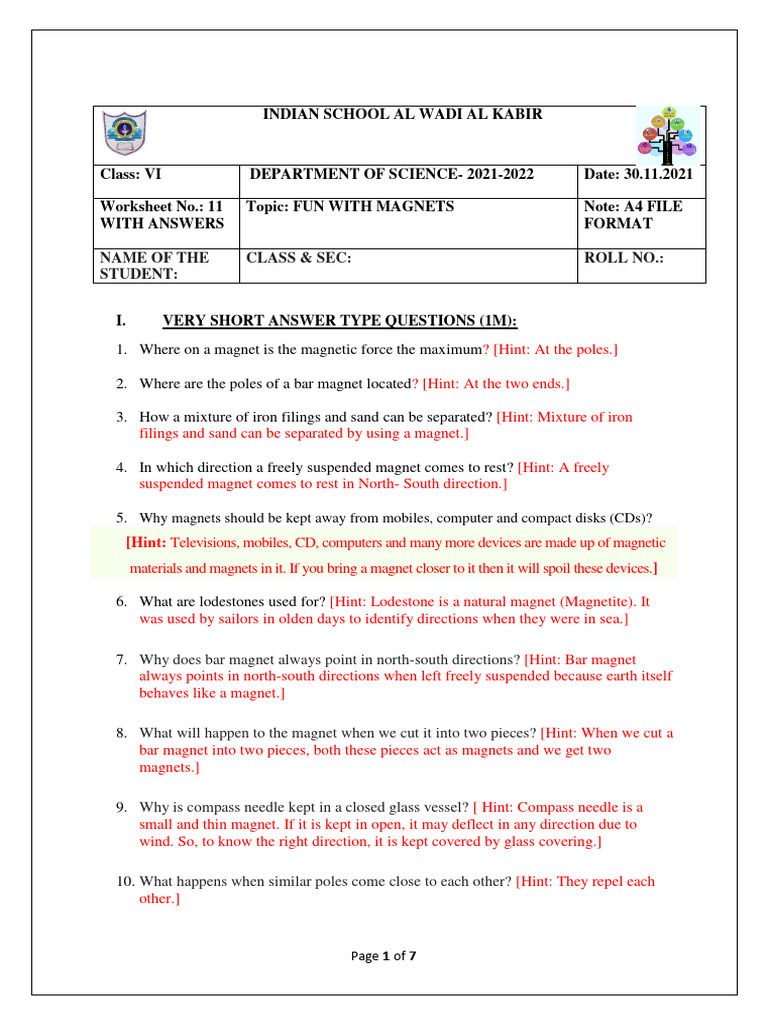 Class 6 Worksheet: Fun with Magnets | PDF | Magnet | Compass