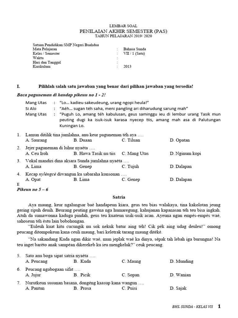 Soal PAS Bahasa Sunda 7 | PDF