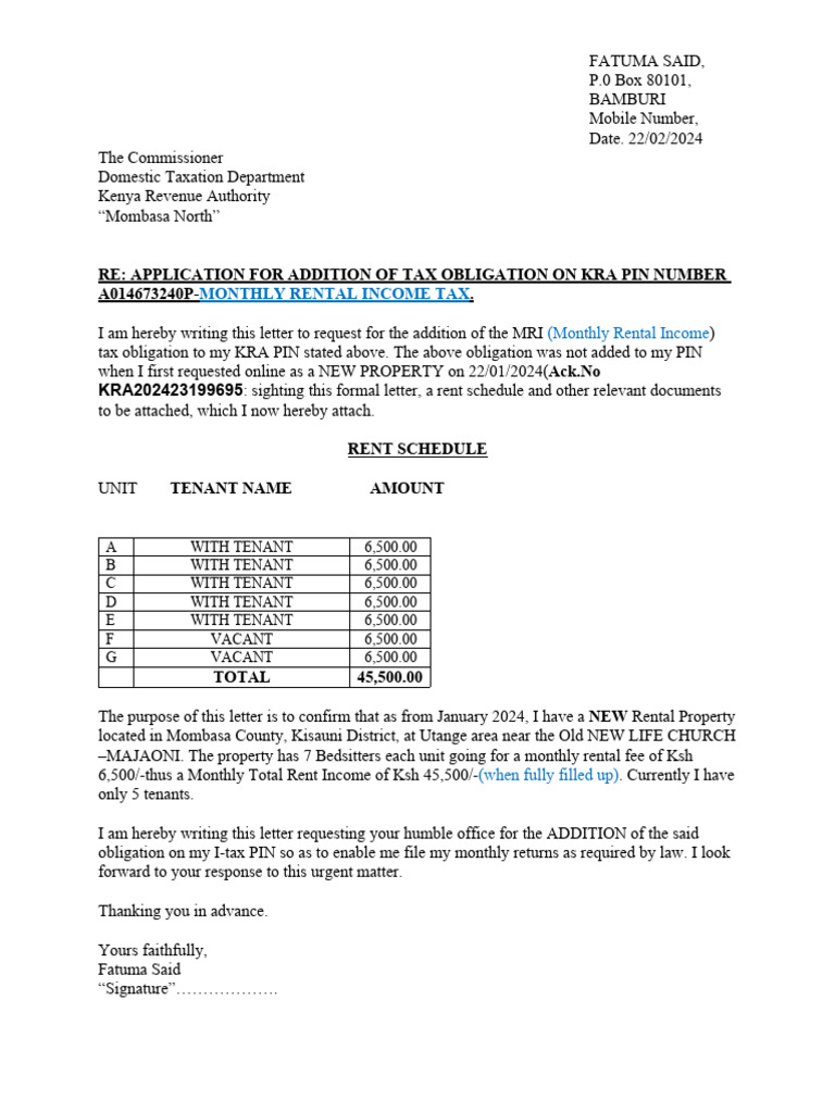 KRA Tax Obligation Addition Letter Sample | PDF | Finance & Money ...