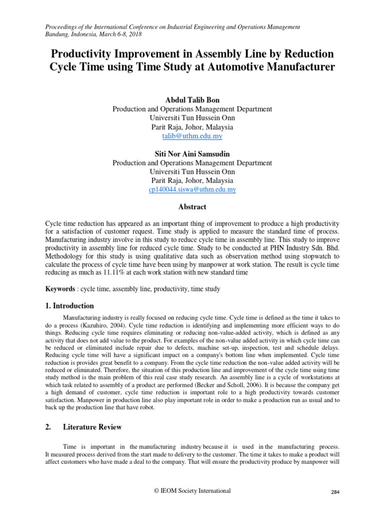 Productivity Improvement in Assembly Line by Reduction Cycle Time Using ...