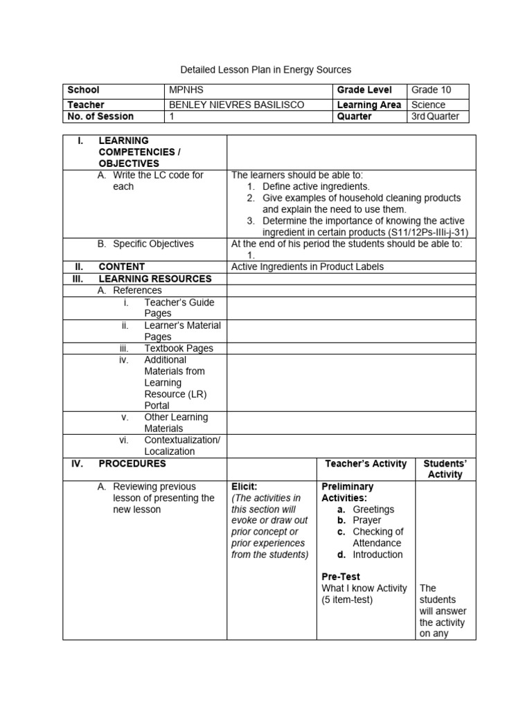 BENLEY Detailed-Lesson-Plan-in-Active-Ingredients | PDF | Lesson Plan ...