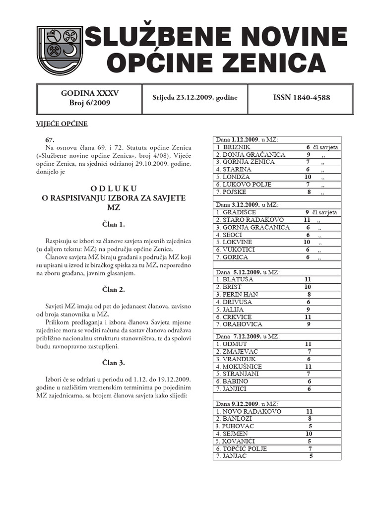 Službene Novine Općine Zenica (Godina 35, Broj 6 23.12.2009) | PDF