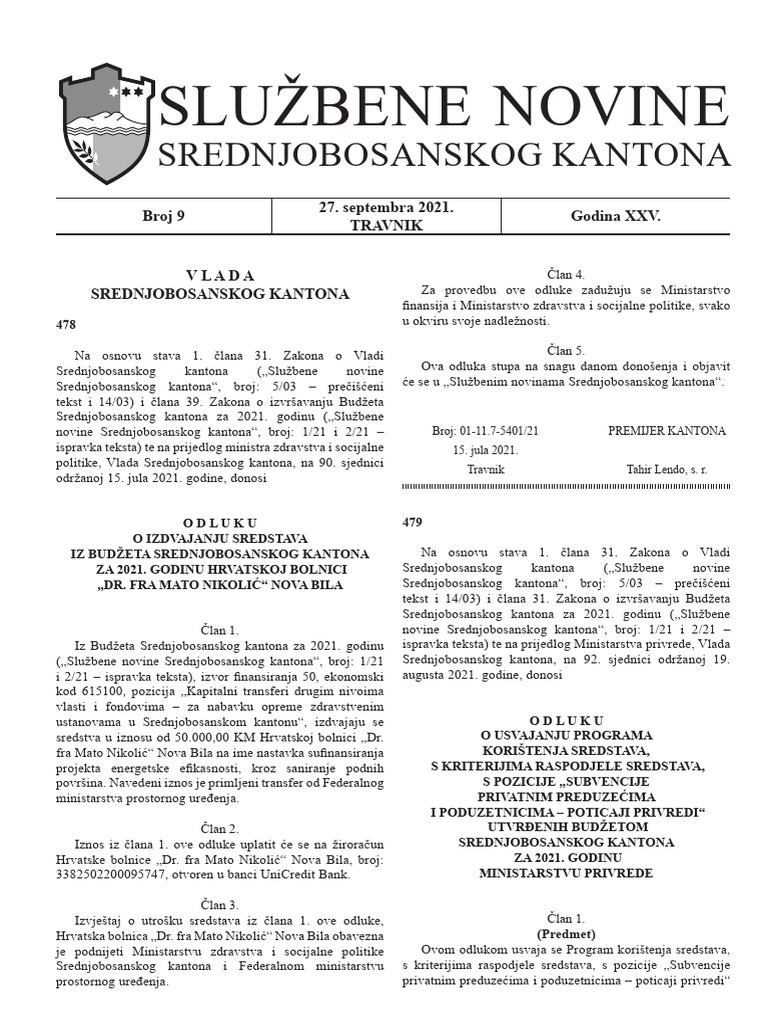 Službene Novine Srednjobosanskog Kantona (Godina 25, Broj 9 27.9.2021) | PDF