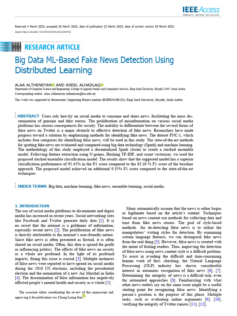 Big Data ML-Based Fake News Detection Using Distributed Learning | Download Free PDF | Social ...