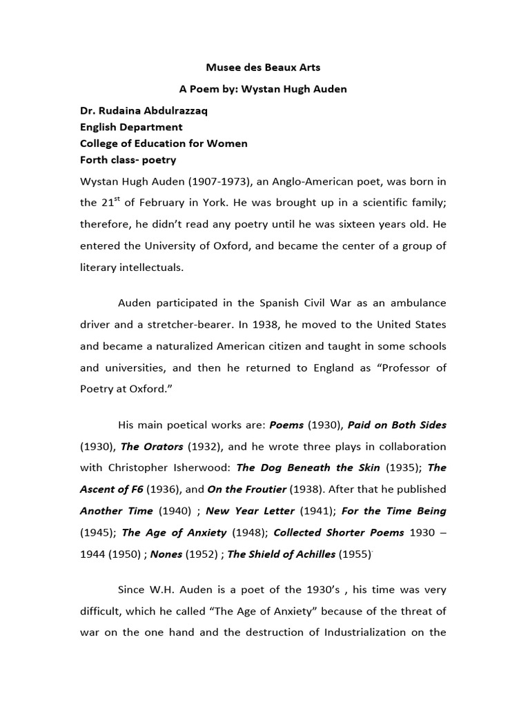 Analysis of Auden's "Musee des Beaux Arts" | PDF
