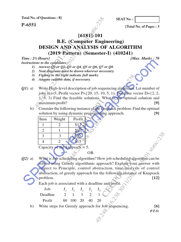 Be - Computer Engineering - Semester 7 - 2023 - November - Design and Analysis of Algorithms D ...
