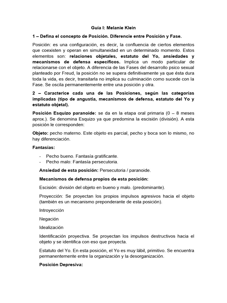 Posiciones Psíquicas en Melanie Klein | PDF | Las emociones | Conceptos psicologicos