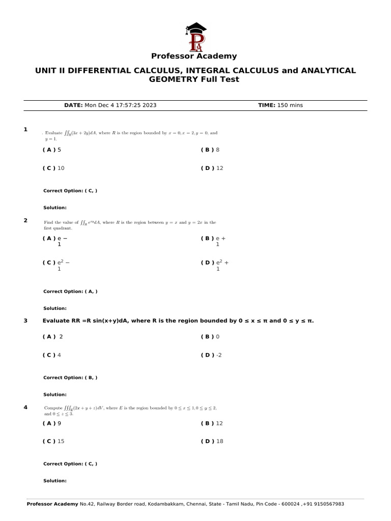 Differential & Integral Calculus Test | PDF | Mathematical Physics ...