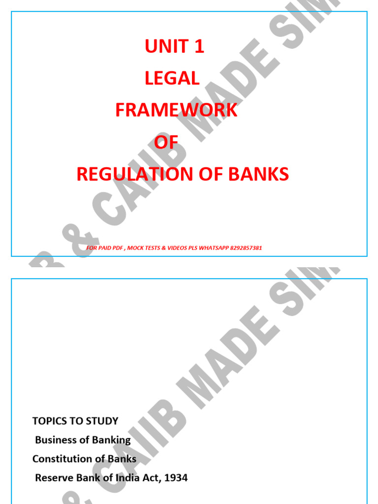 Unit 1 Legal Froamework of Regulation of Bank - Caiib - BRBL | PDF | Reserve Bank Of India | Banks