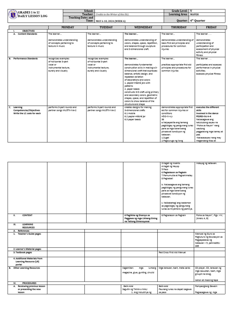Grade 5 DLL MAPEH 5 Q4 Week 6 | PDF
