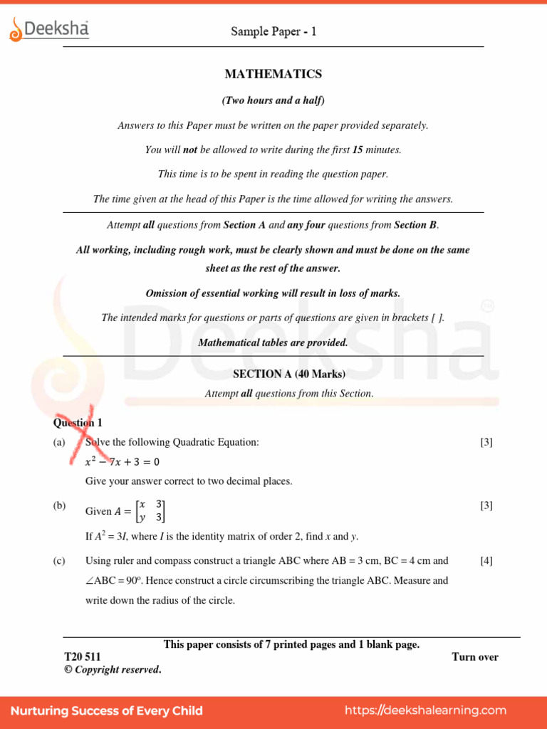 ICSE Class 10 Maths Sample Paper 1 2021 | PDF | Circle | Mathematics