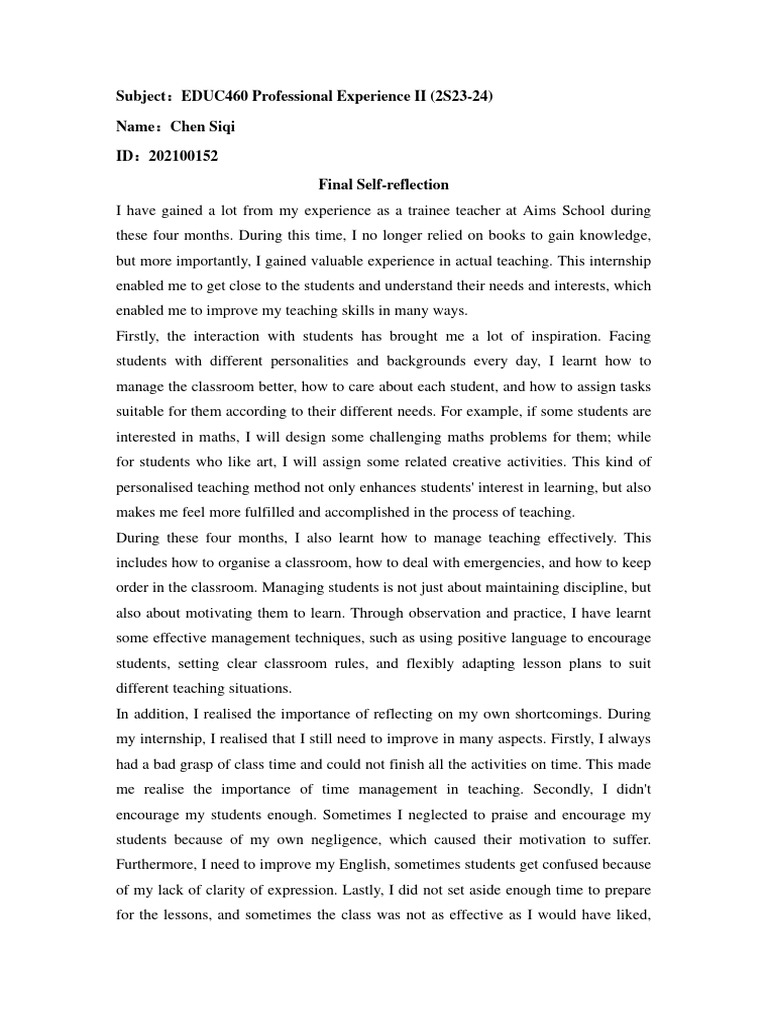 Final Self-Reflection | PDF | Learning | Teachers