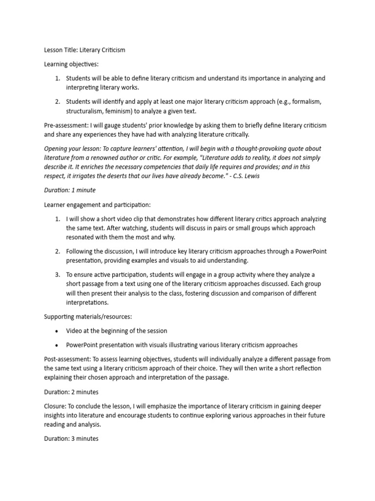 Lesson Plan3 | PDF | Learning | Literary Criticism
