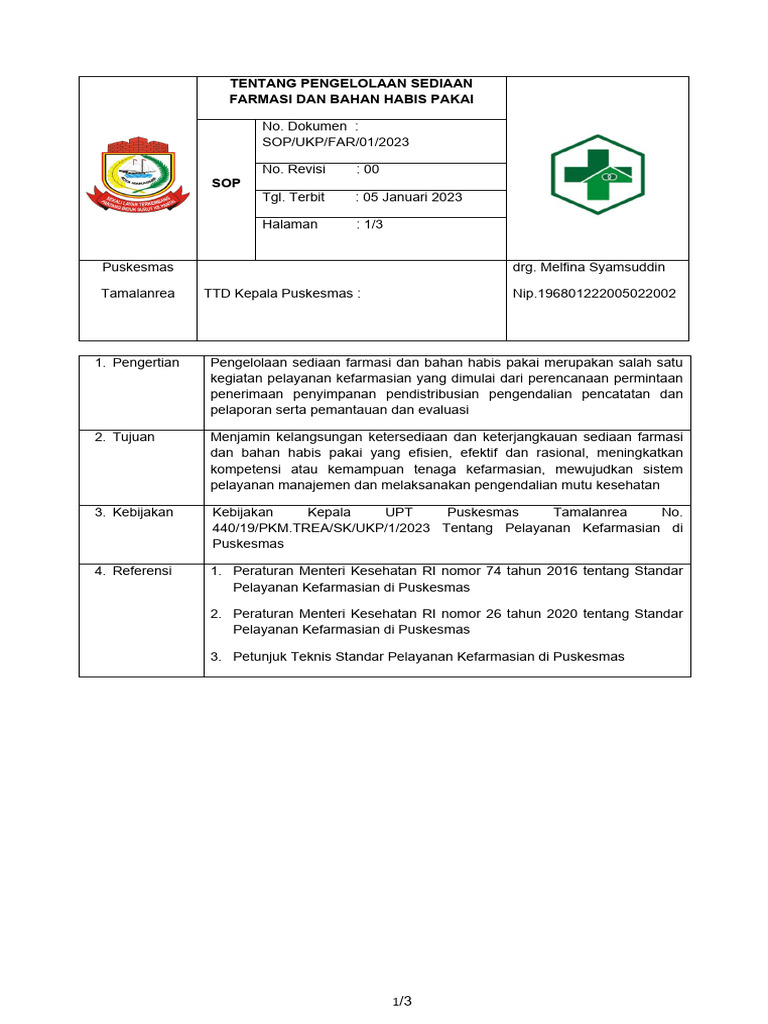 Sop Pengelolaan Sediaan Farmasi Dan BHP 1 | PDF | Kesehatan Holistik | Sains & Matematika