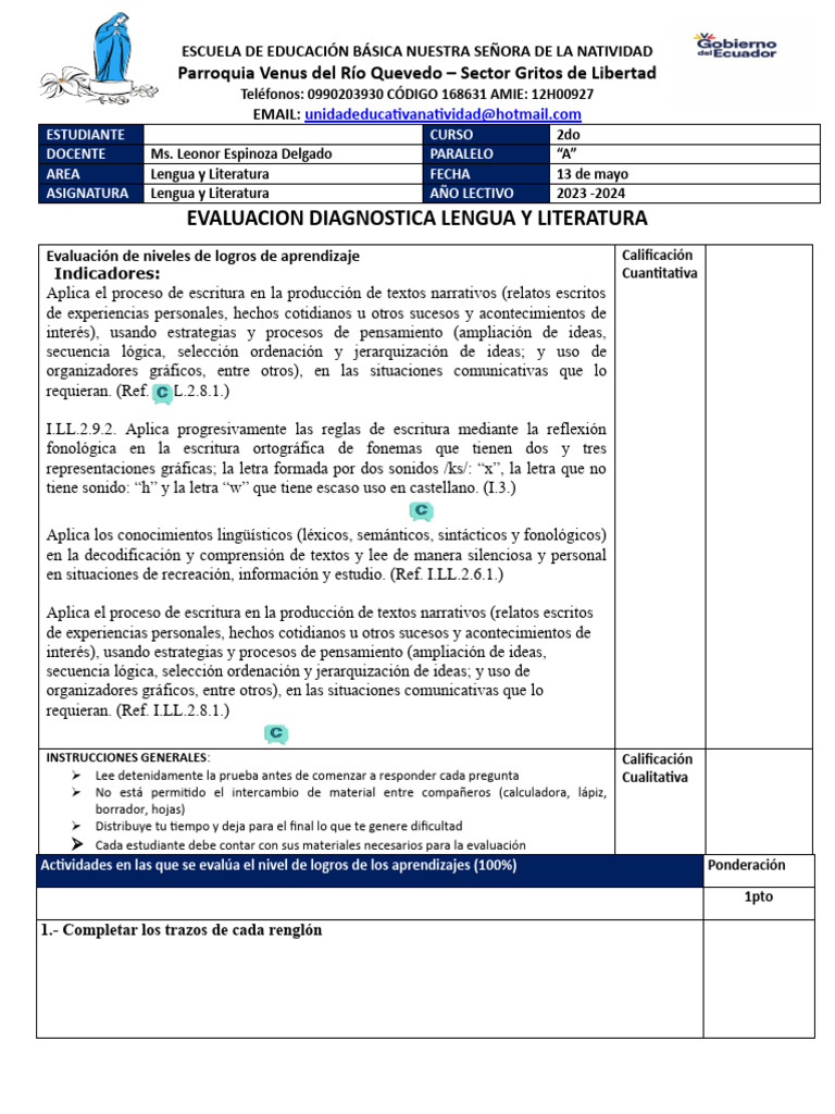 Evaluación Diagnóstica Lengua 2do Grado | PDF | Evaluación | Escritura