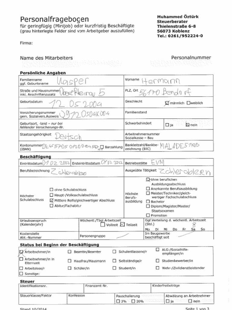 Personalfragebogen Minijob 2 | PDF