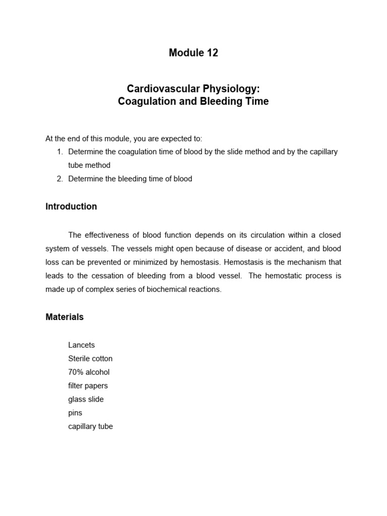 Coagulation and Bleeding Time Methods | PDF | Coagulation | Hemostasis