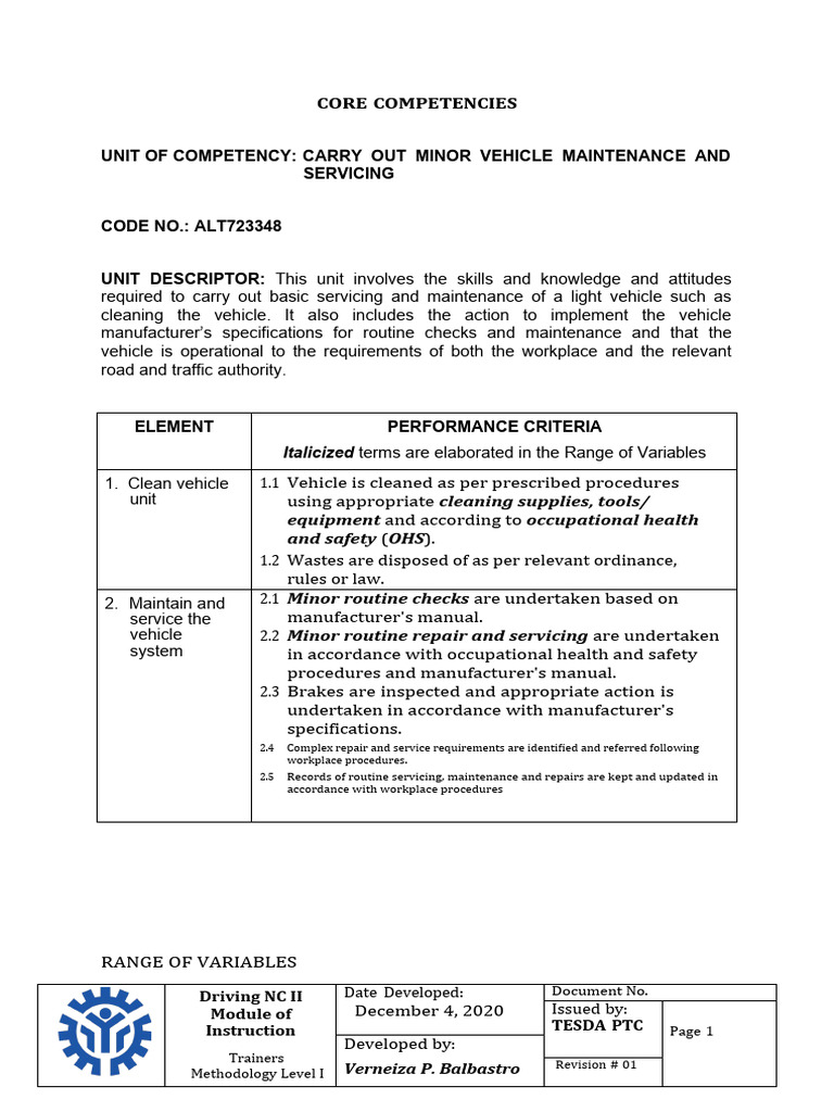 Minor Vehicle Maintenance Training Module | PDF | Traffic ...
