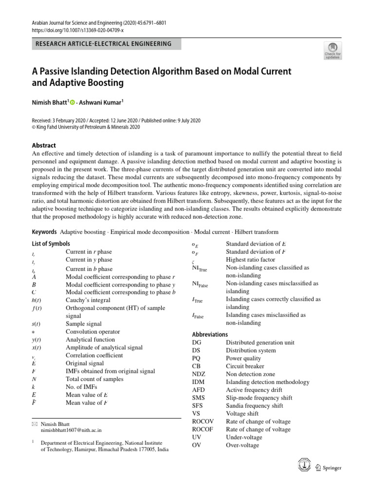 A Passive Islanding Detection Algorithm Based On Modal Current and Adaptive Boosting | PDF ...