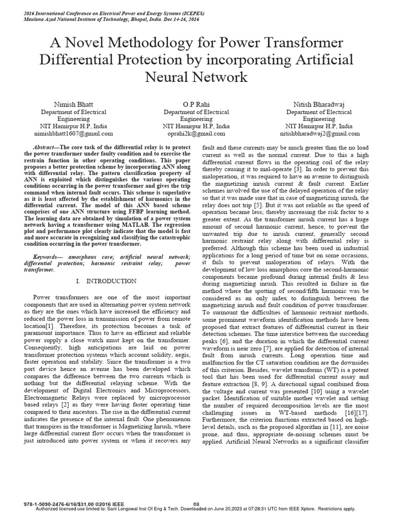 A Novel Methodology For Power Transformer Differential Protection by Incorporating Artificial ...