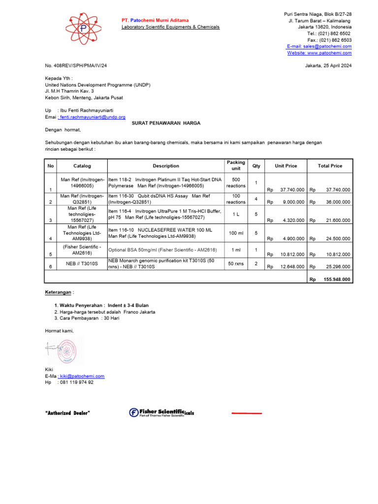 Penawaran Harga Kimia UNDP Fenti 408 REV 2024 | PDF