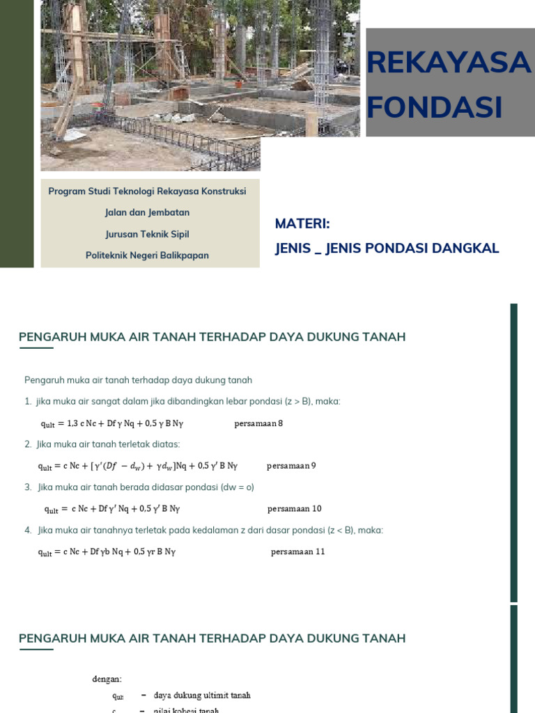 Pengaruh Muka Air Tanah pada Daya Dukung Pondasi | PDF