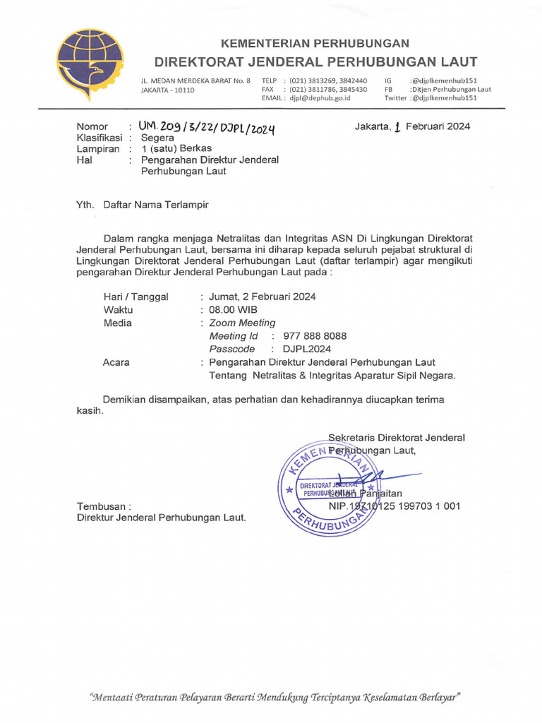 Undangan Pengarahan Dirjen Hubla. | PDF