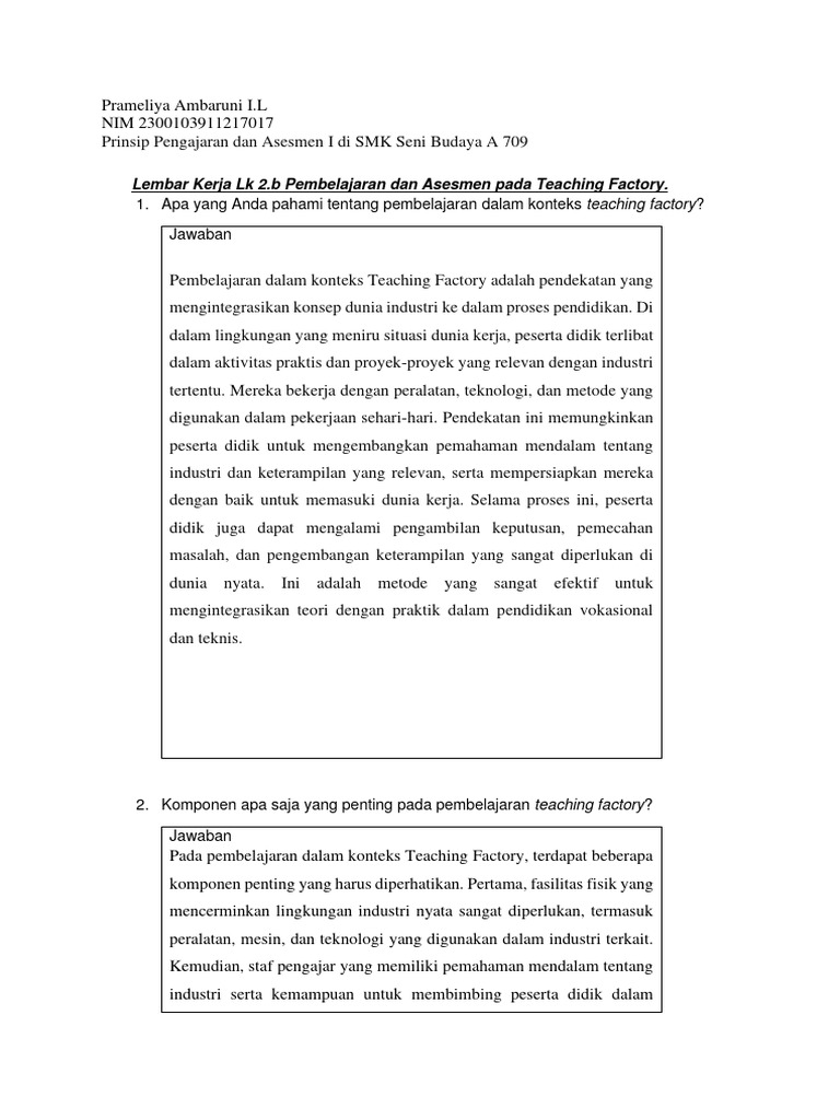 Prameliya Ambaruni I.L - Lembar Kerja LK 2.b Pembelajaran Dan Asesmen Pada Teaching Factory. | PDF