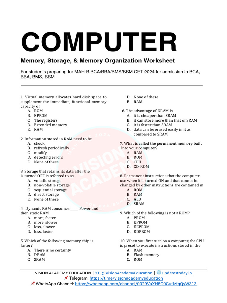 Memory Worksheet Vision Academy | Download Free PDF | Random Access Memory | Computer Data Storage