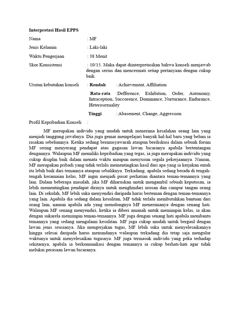 Analisis Kepribadian EPPS: MF, ADS, TR | PDF