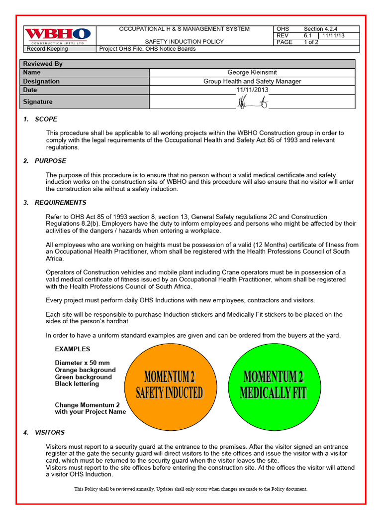 WBHO Construction Safety Induction Policy | PDF | Occupational Safety ...