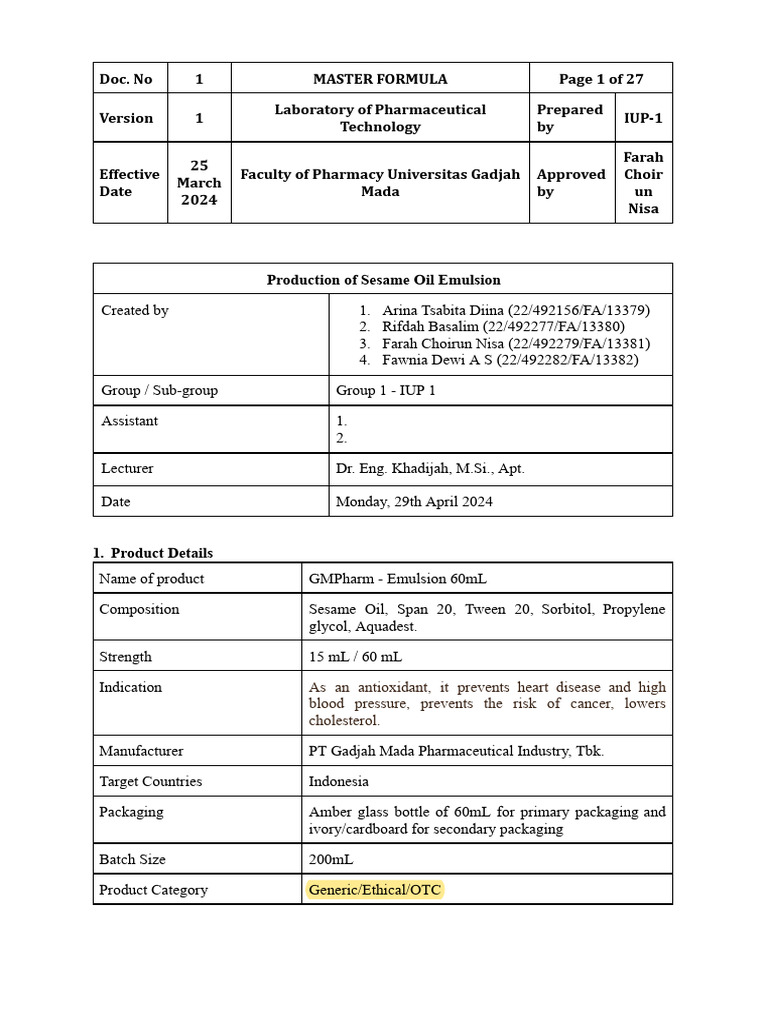 Masfor p3 Fts CSP Iup - Group 1 | PDF | Emulsion | Tablet (Pharmacy)