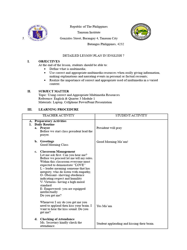 Detailed Lesson Plan in English 7 | PDF | Multimedia | Communication