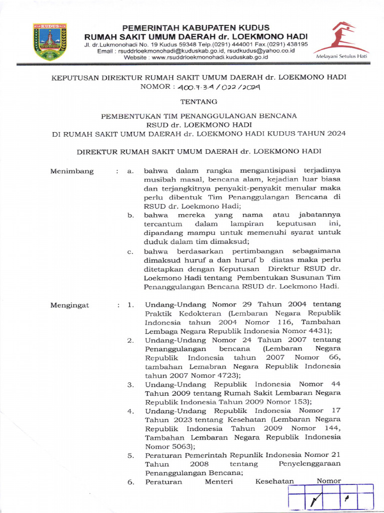 Pembentukan Tim Bencana RSUD Loekmono Hadi | PDF