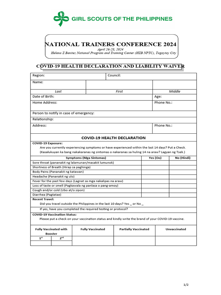 COVID 19 HEALTH DECLRATION AND LIABILITY WAIVER National Trainers Conference 2024 | PDF | Health ...