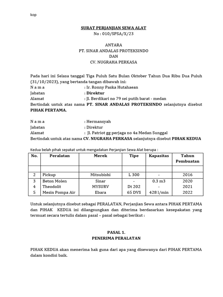 Perjanjian Sewa Peralatan Sap 2 | PDF