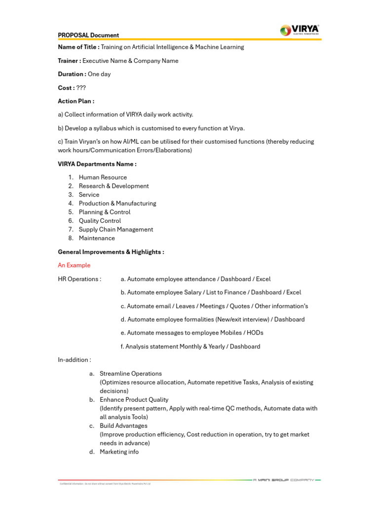 AI & ML Training Proposal for Virya | PDF | Automation | Artificial ...