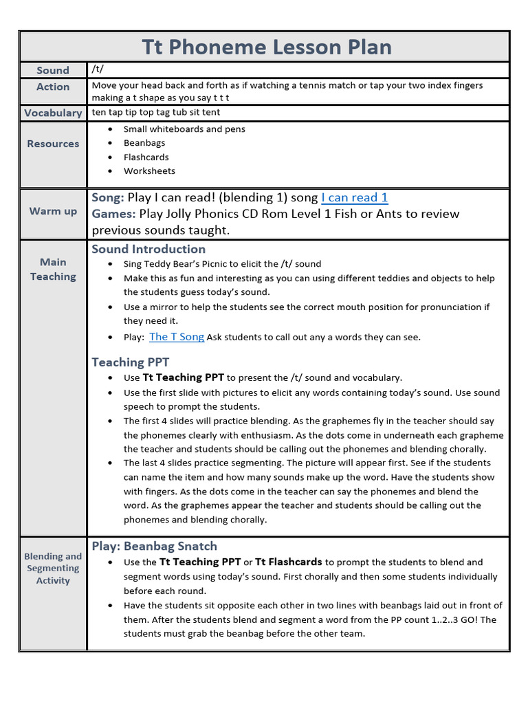 Tt Lesson Plan | PDF | Phonics | Learning