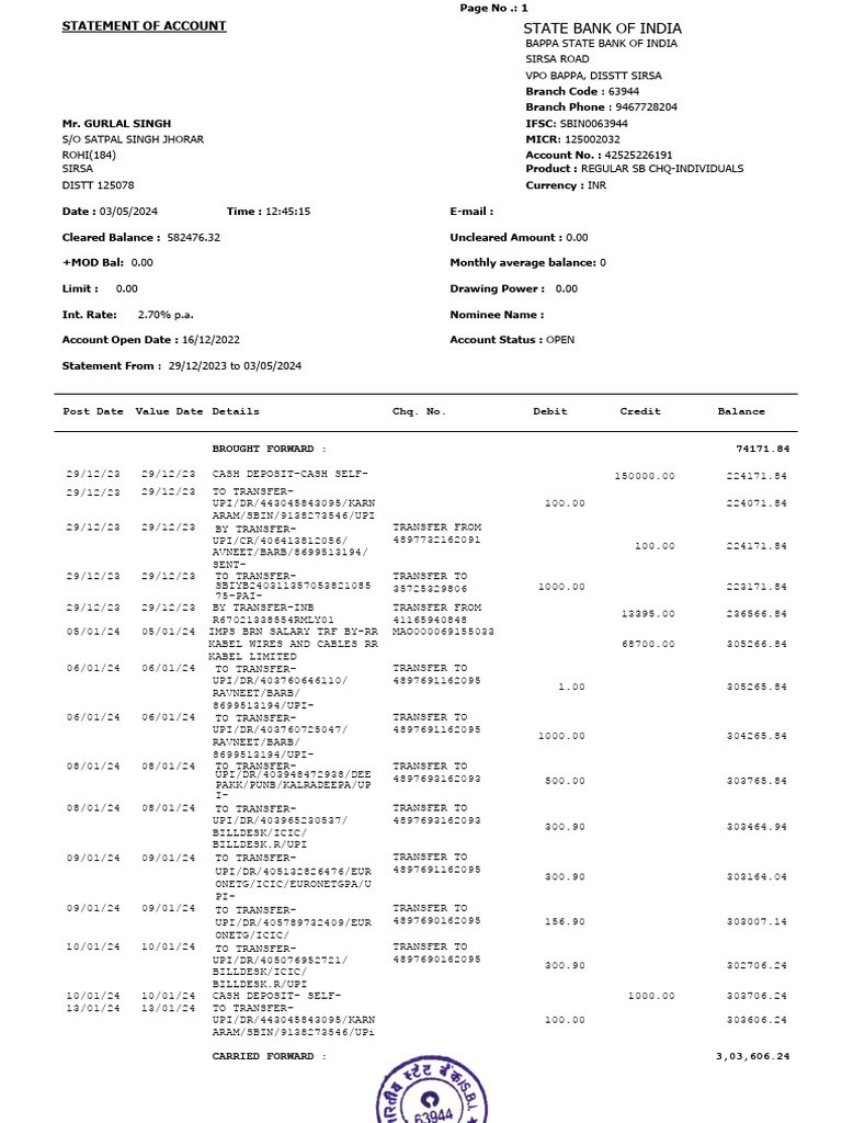 SBI BANK Statement | Download Free PDF | Debits And Credits | Debit Card