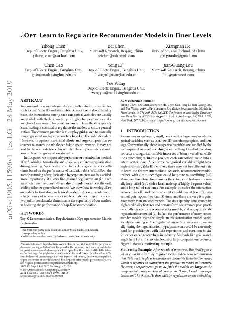 Λopt: Learn To Regularize Recommender Models In Finer Levels | PDF ...