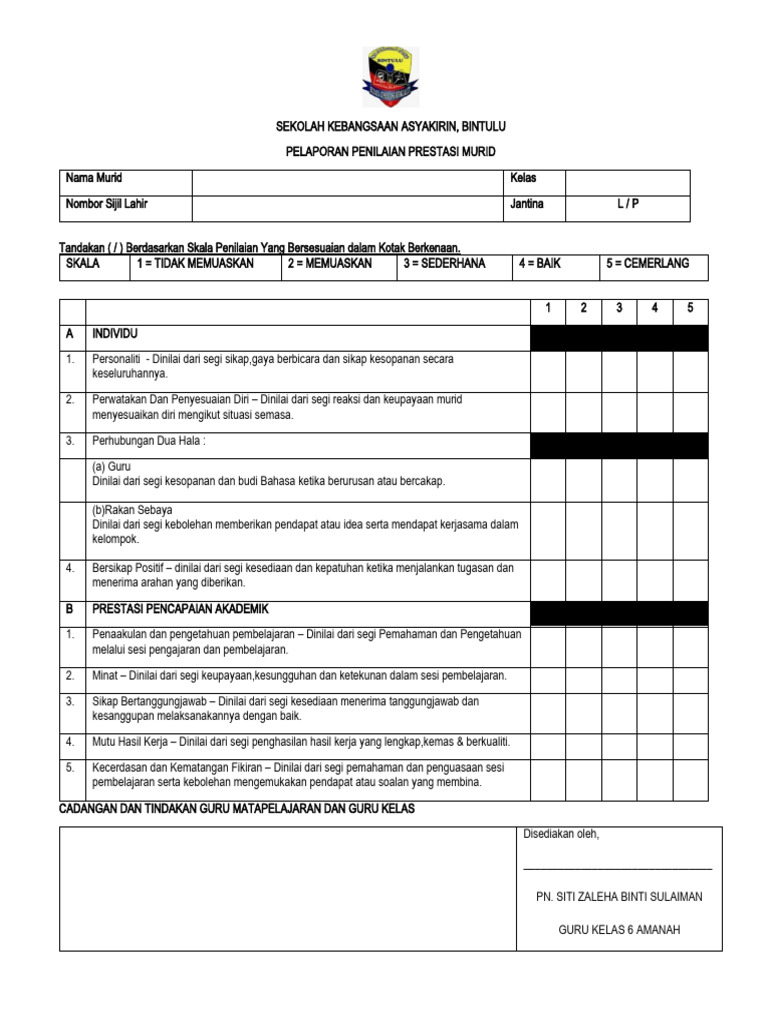 Laporan Prestasi Murid Asyakirin | PDF | Karier & Perkembangan