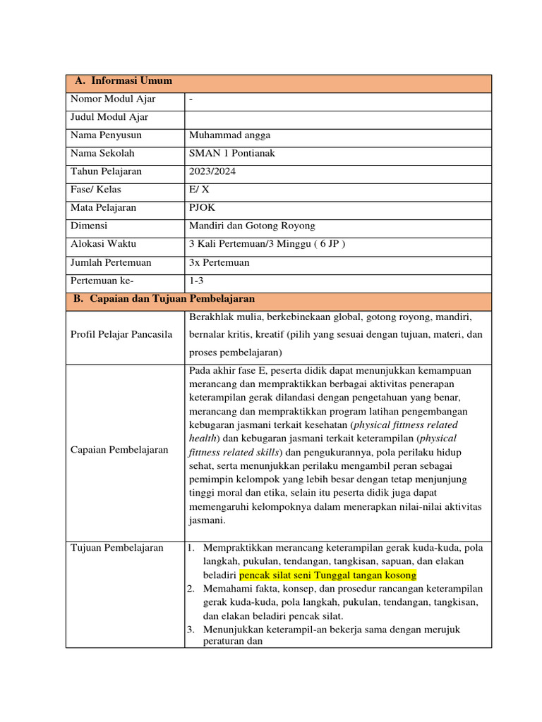 Modul Ajar Project Based Learning PPL 2 Pencak Silat | PDF