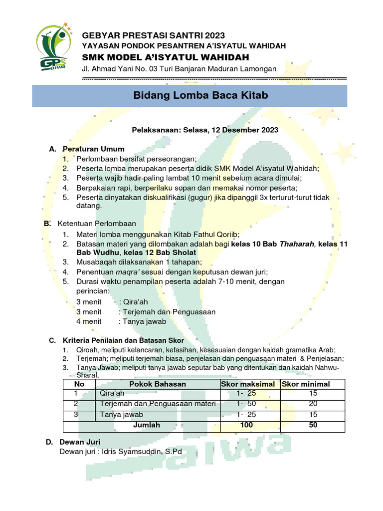 Juknis Lomba Baca Kitab Gpsa SMK Aiwa 2023 | PDF