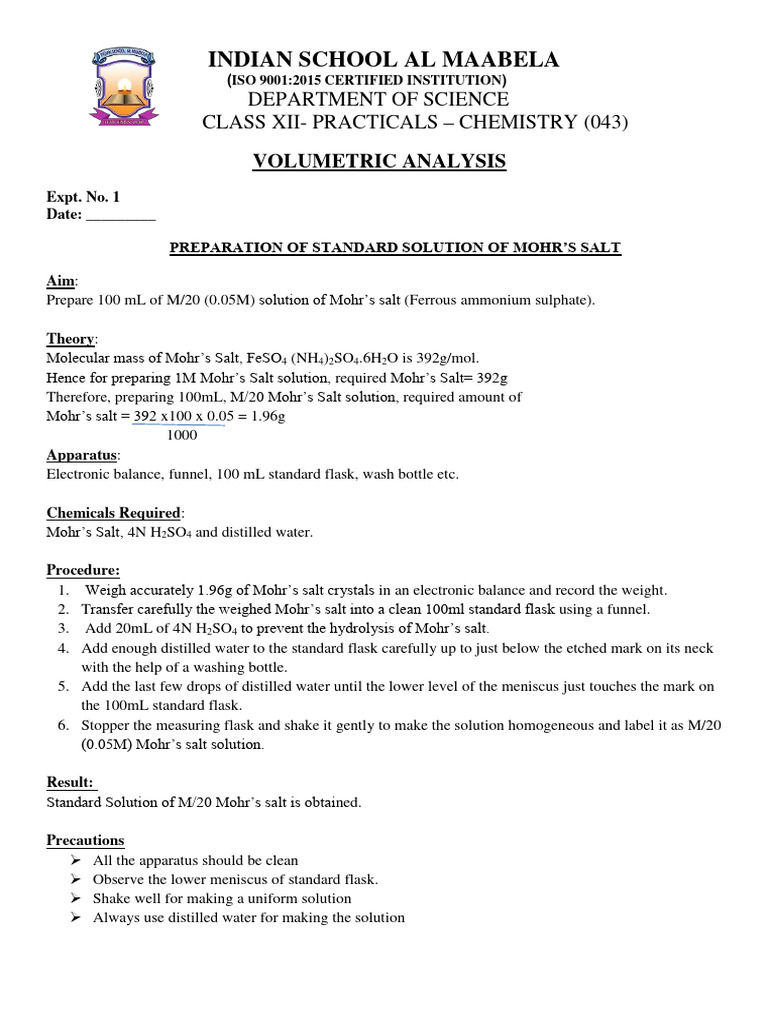 XII-Volumetric Analysis - Mohr Salt X Pot - Permanganate | PDF ...