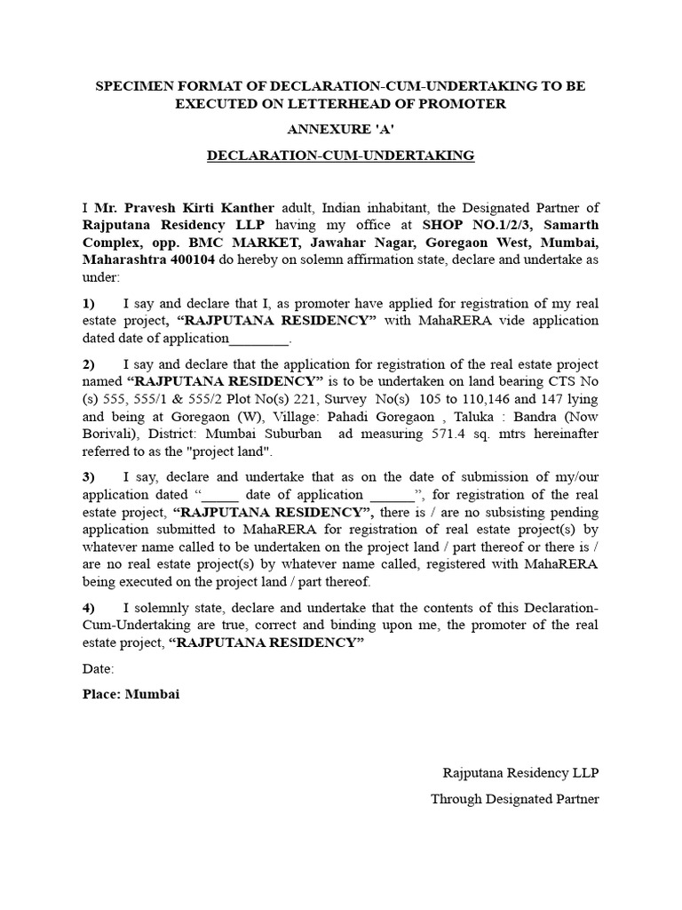 Declaration-Cum-Undertaking Format | PDF